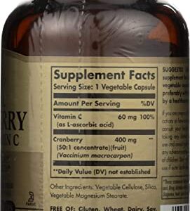 Solgar Natural Cranberry with Vitamin C, 60 Vegetable Capsules - Supports Urinary & Bladder Health - With Vitamin C for Immune Support - Non-GMO, Vegan, Gluten Free, Dairy Free, Kosher - 60 Servings