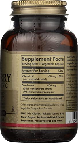 Solgar Natural Cranberry with Vitamin C, 60 Vegetable Capsules - Supports Urinary & Bladder Health - With Vitamin C for Immune Support - Non-GMO, Vegan, Gluten Free, Dairy Free, Kosher - 60 Servings