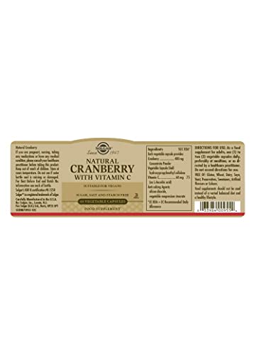 Solgar Natural Cranberry with Vitamin C, 60 Vegetable Capsules - Supports Urinary & Bladder Health - With Vitamin C for Immune Support - Non-GMO, Vegan, Gluten Free, Dairy Free, Kosher - 60 Servings