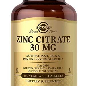 Solgar Zinc Citrate 30 mg, 100 Vegetable Capsules - Zinc for Healthy Skin, Taste & Vision - Immune System & Antioxidant Support - Citrate Form for Optimal Absorption - Non GMO, Vegan - 100 Servings