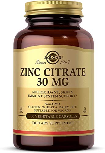 Solgar Zinc Citrate 30 mg, 100 Vegetable Capsules - Zinc for Healthy Skin, Taste & Vision - Immune System & Antioxidant Support - Citrate Form for Optimal Absorption - Non GMO, Vegan - 100 Servings