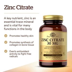 Solgar Zinc Citrate 30 mg, 100 Vegetable Capsules - Zinc for Healthy Skin, Taste & Vision - Immune System & Antioxidant Support - Citrate Form for Optimal Absorption - Non GMO, Vegan - 100 Servings