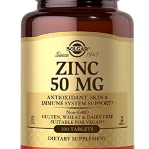 Solgar Zinc 50 mg, 100 Tablets - Zinc for Healthy Skin, Taste & Vision - Immune System & Antioxidant Support - Supports Cell Growth & DNA Formation - Non GMO, Vegan, Gluten Free - 100 Servings