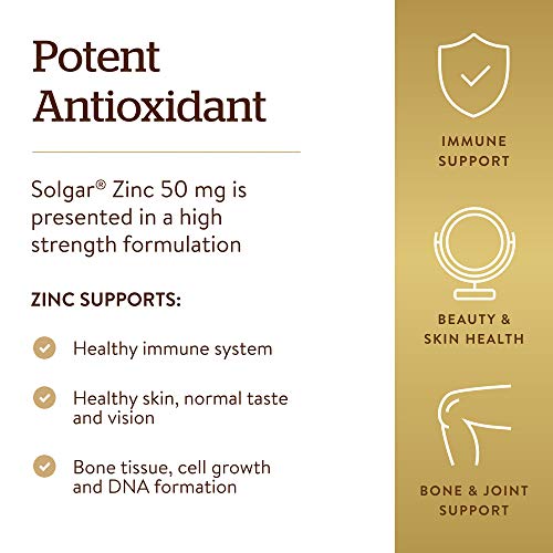 Solgar Zinc 50 mg, 100 Tablets - Zinc for Healthy Skin, Taste & Vision - Immune System & Antioxidant Support - Supports Cell Growth & DNA Formation - Non GMO, Vegan, Gluten Free - 100 Servings