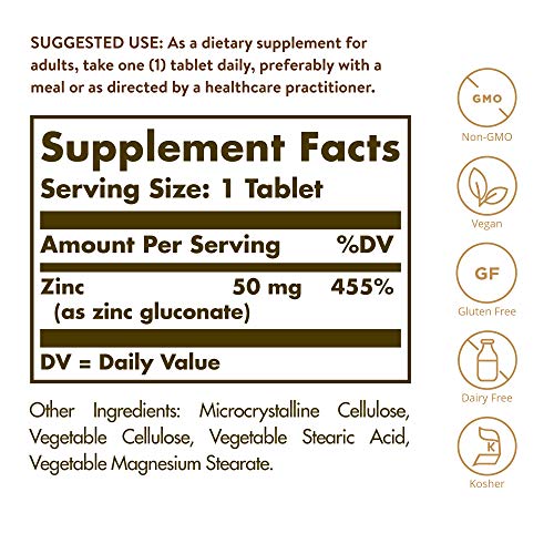 Solgar Zinc 50 mg, 100 Tablets - Zinc for Healthy Skin, Taste & Vision - Immune System & Antioxidant Support - Supports Cell Growth & DNA Formation - Non GMO, Vegan, Gluten Free - 100 Servings