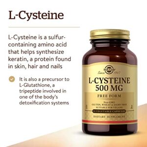 Solgar L-Cysteine 500 mg, 90 Vegetable Capsules - Free Form Amino Acid - Keratin Support for Skin, Hair & Nails - Glutathione Support - Vegan, Gluten Free, Dairy Free, Kosher - 90 Servings