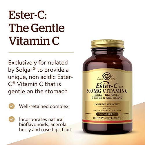 Solgar Ester-C Plus 500 mg Vitamin C with Citrus Bioflavonoids - 90 Capsules - Gentle & Non Acidic, Well Retained - 24-Hour Immune Support - Non-GMO, Gluten Free - 90 Servings