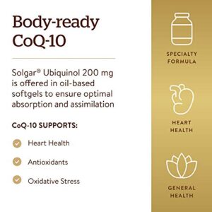 Solgar Ubiquinol 200 mg (Reduced CoQ-10), 30 Softgels - Promotes Heart & Brain Function - Supports Healthy Aging - Coenzyme Q10 - Ubiquinone Supplement - Gluten Free, Dairy Free - 30 Servings