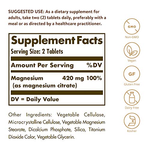 Solgar Magnesium Citrate, 120 Tablets - Pack of 2 - Promotes Healthy Bones, Supports Nerve & Muscle Function - Highly Absorbable - Non-GMO, Vegan, Gluten Free, Dairy Free, Kosher - 120 Total Servings