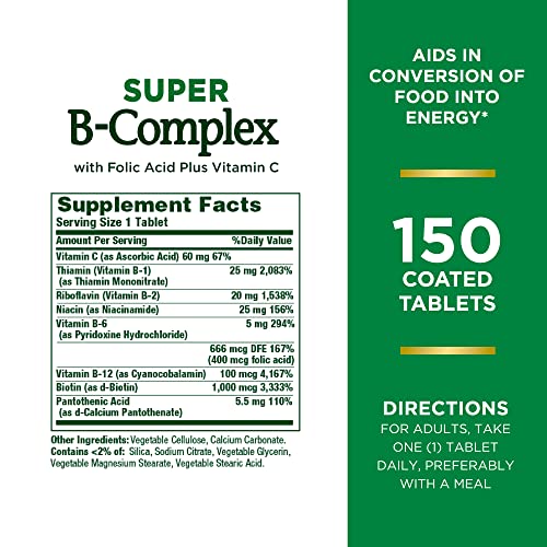 Nature’s Bounty Super B Complex with Vitamin C & Folic Acid, Immune & Energy Support, 150 tablets