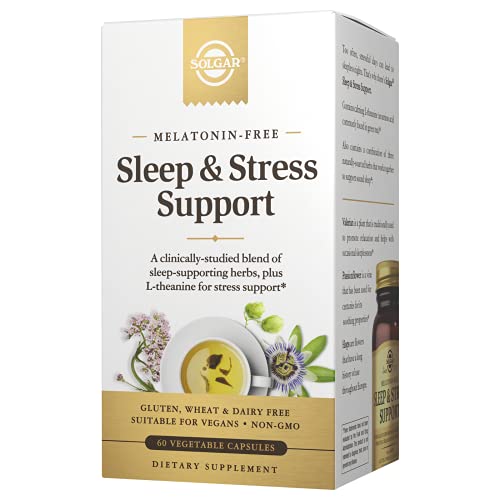 Solgar Sleep & Stress Support, 60 Vegetable Capsules – Melatonin-Free – Helps Relax & Calm You – Fall Asleep Quickly – Improve Sleep Quality – With Valerian, Passionflower & Hops, Non-GMO, 30 servings