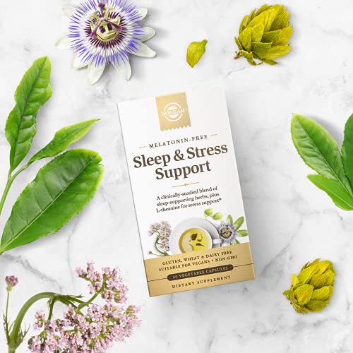 Solgar Sleep & Stress Support, 60 Vegetable Capsules – Melatonin-Free – Helps Relax & Calm You – Fall Asleep Quickly – Improve Sleep Quality – With Valerian, Passionflower & Hops, Non-GMO, 30 servings