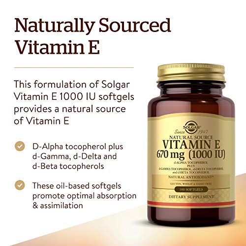 Solgar Vitamin E 670 mg 1000 IU Mixed Softgels Natural Antioxidant Skin Immune System Support NaturallySourced Vitamin E Gluten Free Dairy Free Servings, 180 Count