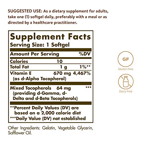 Solgar Vitamin E 670 mg 1000 IU Mixed Softgels Natural Antioxidant Skin Immune System Support NaturallySourced Vitamin E Gluten Free Dairy Free Servings, 180 Count