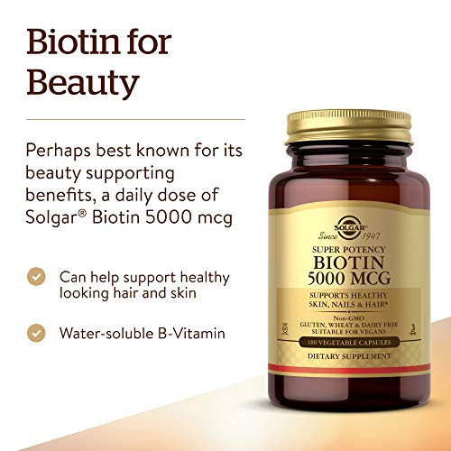 Solgar Biotin 5000 mcg - Supports Healthy Skin, Nails & Hair - Supports Energy Production & Metabolism - Vitamin B - Non-GMO, Vegan, Gluten Free - 180 Count