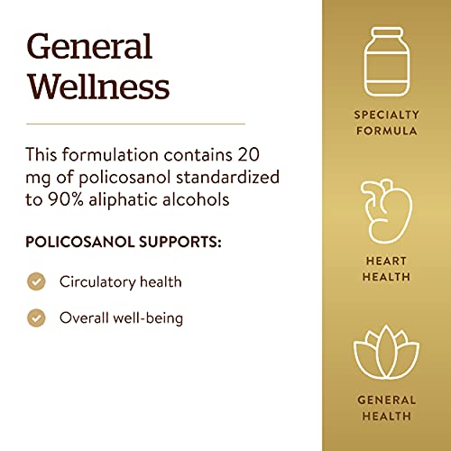 Solgar Policosanol 20 mg, 100 Vegetable Capsules - Supports Heart Health - General Wellness - Vegan, Gluten Free, Dairy Free, Kosher - 100 Servings