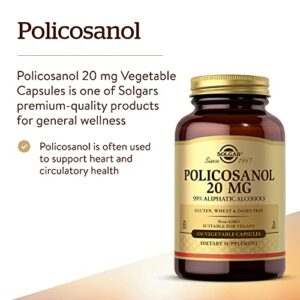 Solgar Policosanol 20 mg, 100 Vegetable Capsules - Supports Heart Health - General Wellness - Vegan, Gluten Free, Dairy Free, Kosher - 100 Servings