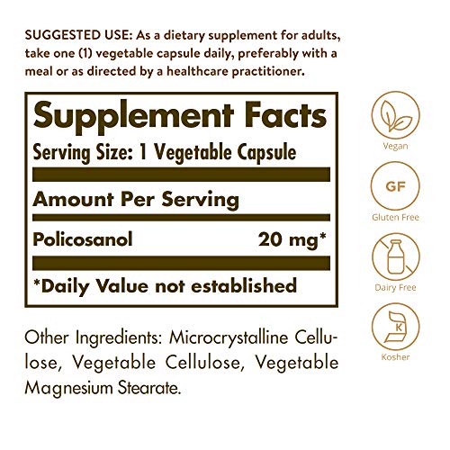 Solgar Policosanol 20 mg, 100 Vegetable Capsules - Supports Heart Health - General Wellness - Vegan, Gluten Free, Dairy Free, Kosher - 100 Servings