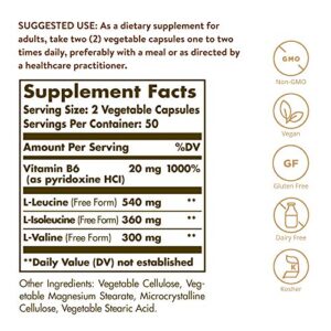 Solgar BCAA Plus, 100 Vegetable Capsules - Muscle & Exercise Support - Free Form Branched Chain Amino Acids with Vitamin B6 for Absorption - Non-GMO, Vegan, Gluten & Dairy Free, Kosher - 50 Servings