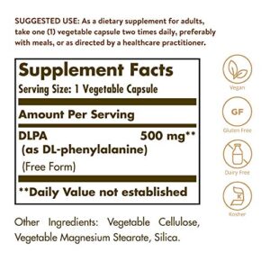 Solgar DLPA 500 mg, 100 Vegetable Capsules - Free Form DL-Phenylalanine - Supports Central Nervous System - Vegan, Gluten Free, Dairy Free, Kosher - 100 Servings