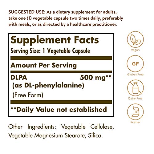 Solgar DLPA 500 mg, 100 Vegetable Capsules - Free Form DL-Phenylalanine - Supports Central Nervous System - Vegan, Gluten Free, Dairy Free, Kosher - 100 Servings