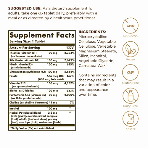 Solgar B-Complex "100" - 100 Tablets - Energy Metabolism, Cardiovascular Health, Nervous System Support - Non-GMO, Vegan, Gluten Free - 100 Servings