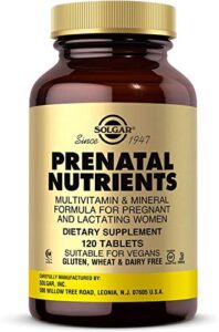 solgar prenatal nutrients, 120 tablets – multivitamin & mineral formula for pregnant & lactating women – contains zinc, calcium iron, folic acid, vitamins c & e – vegan, gluten free – 30 servings