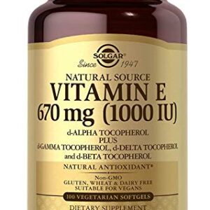 Solgar Vitamin E 670 mg (1000 IU), 100 Vegetarian Softgels - Natural Antioxidant, Skin & Immune System Support - Naturally-Sourced Vitamin E - Non-GMO, Vegan, Gluten Free, Dairy Free - 100 Servings