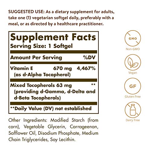 Solgar Vitamin E 670 mg (1000 IU), 100 Vegetarian Softgels - Natural Antioxidant, Skin & Immune System Support - Naturally-Sourced Vitamin E - Non-GMO, Vegan, Gluten Free, Dairy Free - 100 Servings