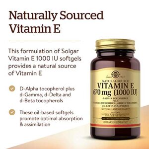 Solgar Vitamin E 670 mg (1000 IU), 100 Vegetarian Softgels - Natural Antioxidant, Skin & Immune System Support - Naturally-Sourced Vitamin E - Non-GMO, Vegan, Gluten Free, Dairy Free - 100 Servings