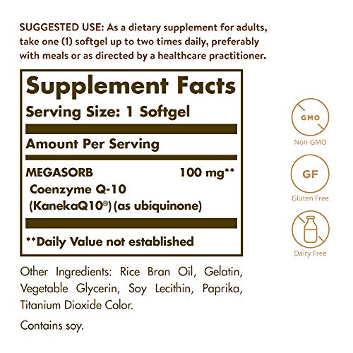 Solgar Megasorb CoQ-10 100 mg, 60 Softgels - Supports Heart Function & Healthy Aging - Coenzyme Q10 Supplement - Enhanced Absorption - Non-GMO, Gluten Free, Dairy Free - 60 Servings