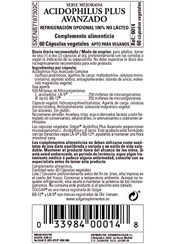 Solgar Advanced Acidophilus Plus, 60 Vegetable Capsules - Supports Healthy Intestinal Flora - 500 Million Microorganisms Per Serving - Gluten & Dairy Free - Vegetarian - 60 Servings