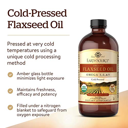 Solgar Earth Source Organic Flaxseed Oil, 16 oz - Supports Heart, Skin and Nerve Health - Cold Pressed - Omega 3, 6 & 9 - Includes Oleic Acid - USDA Organic, Non GMO, Gluten Free - About 31 Servings