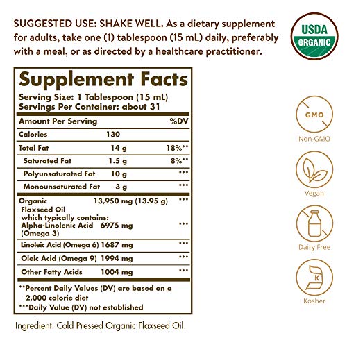 Solgar Earth Source Organic Flaxseed Oil, 16 oz - Supports Heart, Skin and Nerve Health - Cold Pressed - Omega 3, 6 & 9 - Includes Oleic Acid - USDA Organic, Non GMO, Gluten Free - About 31 Servings