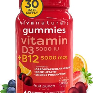 Vitamin B12 5000mcg and Vitamin D3 5000 IU Gummies, 60 Count | Delicious Fruit Punch Flavor, Vitamin D and Methyl B12 Vitamins for Energy and Immune Support