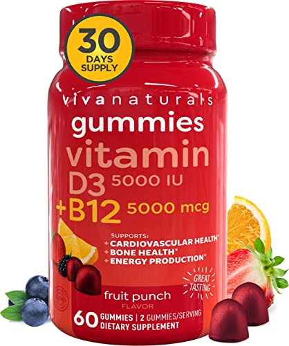 Vitamin B12 5000mcg and Vitamin D3 5000 IU Gummies, 60 Count | Delicious Fruit Punch Flavor, Vitamin D and Methyl B12 Vitamins for Energy and Immune Support