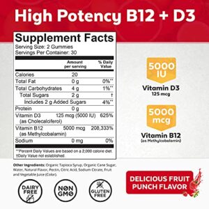 Vitamin B12 5000mcg and Vitamin D3 5000 IU Gummies, 60 Count | Delicious Fruit Punch Flavor, Vitamin D and Methyl B12 Vitamins for Energy and Immune Support