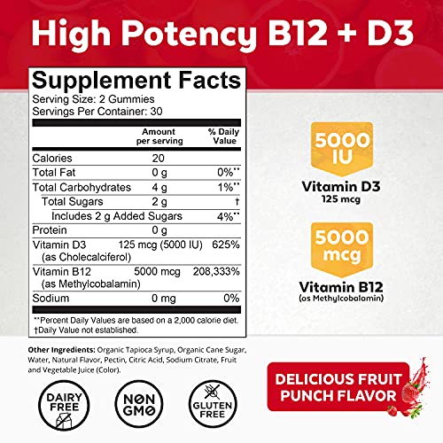 Vitamin B12 5000mcg and Vitamin D3 5000 IU Gummies, 60 Count | Delicious Fruit Punch Flavor, Vitamin D and Methyl B12 Vitamins for Energy and Immune Support