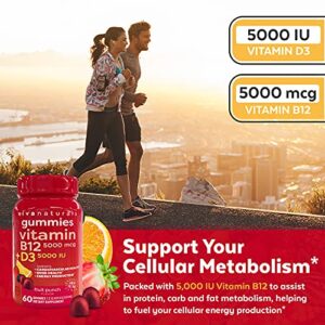 Vitamin B12 5000mcg and Vitamin D3 5000 IU Gummies, 60 Count | Delicious Fruit Punch Flavor, Vitamin D and Methyl B12 Vitamins for Energy and Immune Support