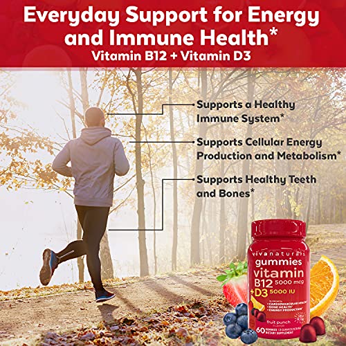 Vitamin B12 5000mcg and Vitamin D3 5000 IU Gummies, 60 Count | Delicious Fruit Punch Flavor, Vitamin D and Methyl B12 Vitamins for Energy and Immune Support