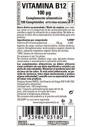 Solgar Vitamin B12 100 mcg, 100 Tablets - Energy Metabolism, Heart Health, Healthy Nervous System - Non-GMO, Vegan, Gluten Free, Dairy Free, Kosher, Halal - 100 Servings