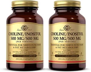 solgar choline/inositol 500 mg/500 mg, 100 vegetable capsules – pack of 2 – energy metabolism, liver health, brain & nerve function – non-gmo, vegan, gluten free, dairy free – 100 total servings