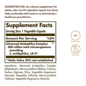 Solgar Advanced Acidophilus, 100 Vegetable Capsules - Supports Healthy Intestinal Flora - 500 Million Microorganisms Per Serving - Gluten & Dairy Free - Vegetarian - 100 Servings