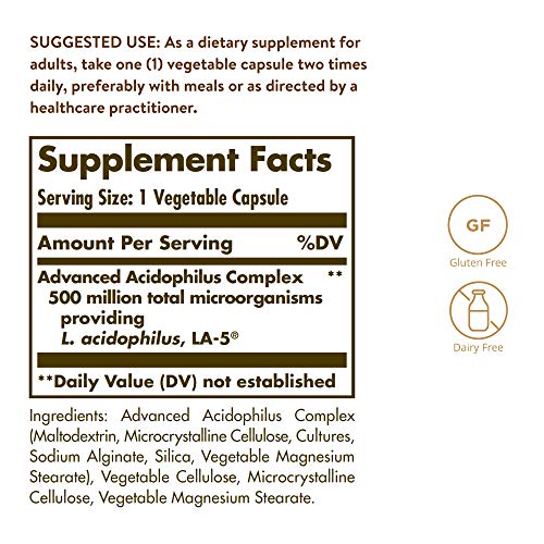 Solgar Advanced Acidophilus, 100 Vegetable Capsules - Supports Healthy Intestinal Flora - 500 Million Microorganisms Per Serving - Gluten & Dairy Free - Vegetarian - 100 Servings