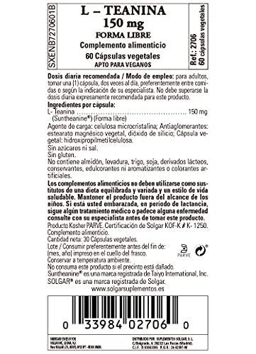 Solgar L-Theanine 150 mg, 60 Vegetable Capsules - Mood Support - Promotes Relaxation - Vegan, Gluten Free, Dairy Free, Kosher - 60 Servings