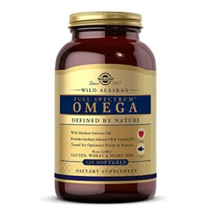 solgar wild alaskan full spectrum omega softgels supports heart brain bone and skin health provides vitamin d3 rich source of epa dha non gmo gluten & dairy free 60 servings, 120 count