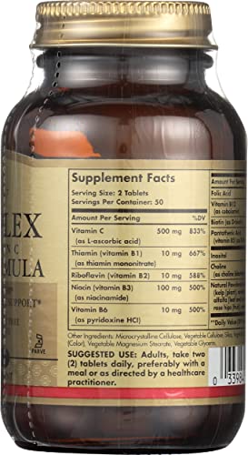 Solgar B-Complex with Vitamin C Stress Formula, 100 Tablets - Energy Metabolism - Nervous System & Immune Support - Non-GMO, Vegan, Gluten Free, Dairy Free, Kosher, Halal - 50 Servings