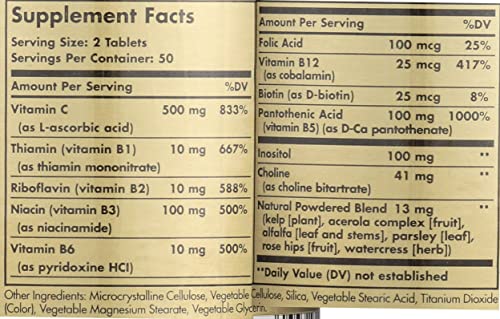 Solgar B-Complex with Vitamin C Stress Formula, 100 Tablets - Energy Metabolism - Nervous System & Immune Support - Non-GMO, Vegan, Gluten Free, Dairy Free, Kosher, Halal - 50 Servings