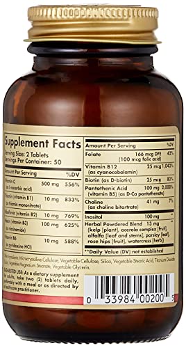 Solgar B-Complex with Vitamin C Stress Formula, 100 Tablets - Energy Metabolism - Nervous System & Immune Support - Non-GMO, Vegan, Gluten Free, Dairy Free, Kosher, Halal - 50 Servings