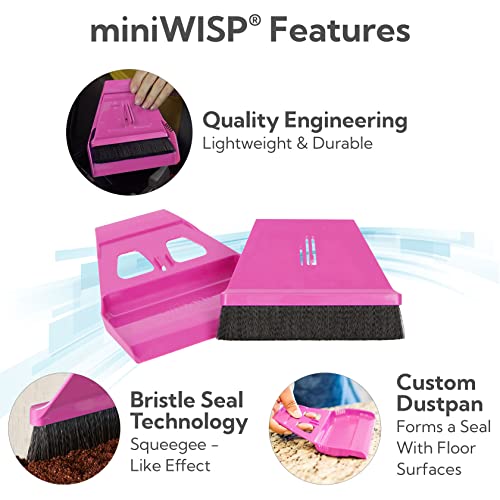 miniWISP Small Broom and Dustpan Set for Home, Hand Broom Pet Hair Remover Brush, Indoor Outdoor Household Cleaning Set, 6'' Width, Pink